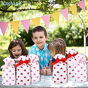 Valentines Day Treat Bags Candy Goodie Party Supplies - 50 Packs Pink Heart Drawstring Plastic Wrap, Chocolate Biscuit Cookie Cellophane Package, Gift Idea for Wedding Baby Shower Kids Girl Christmas