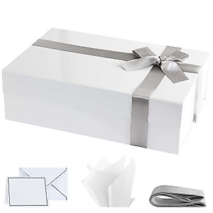 Purple Q Crafts Premium White Gift Box with Magnetic Closure - 14x9x4 inches - Includes Ribbon and Gift Card - Elegant Presentation Box for All Occasions