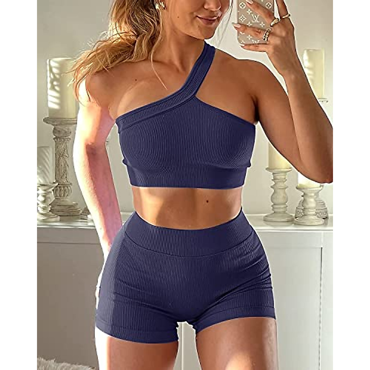 Two Pieces Workout Set For Women Sports Outfits Seamless Tank Top With Running Short Matching Yoga Sets (Navy blue02, M)