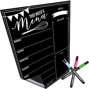 Magnetic Dry Erase Menu Board for Fridge with 3 Bright Neon Chalk Markers - 16x12" - Weekly Meal Planner Blackboard and Grocery List Notepad for Kitchen Refrigerator - Whiteboard Chalkboard Magnet