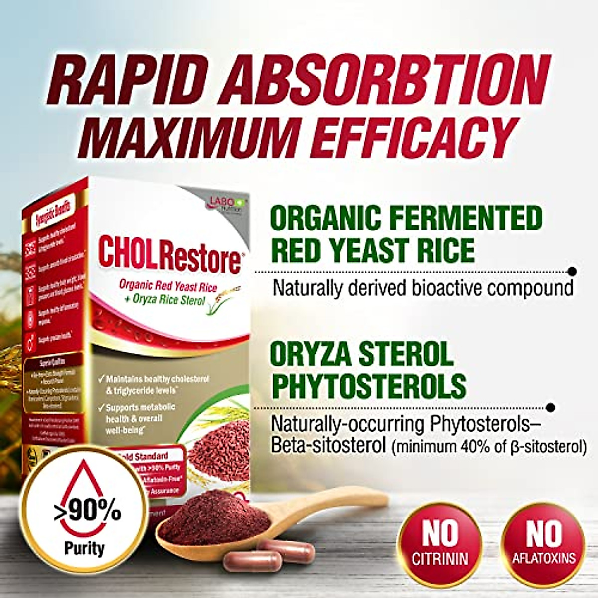 LABO Nutrition CHOLRestore – Red Yeast Rice with Phytosterol Health Supplement, Supports Healthy Cholesterol Levels, Citrinin & Aflatoxin Free, 90 Vege Capsules 3x3