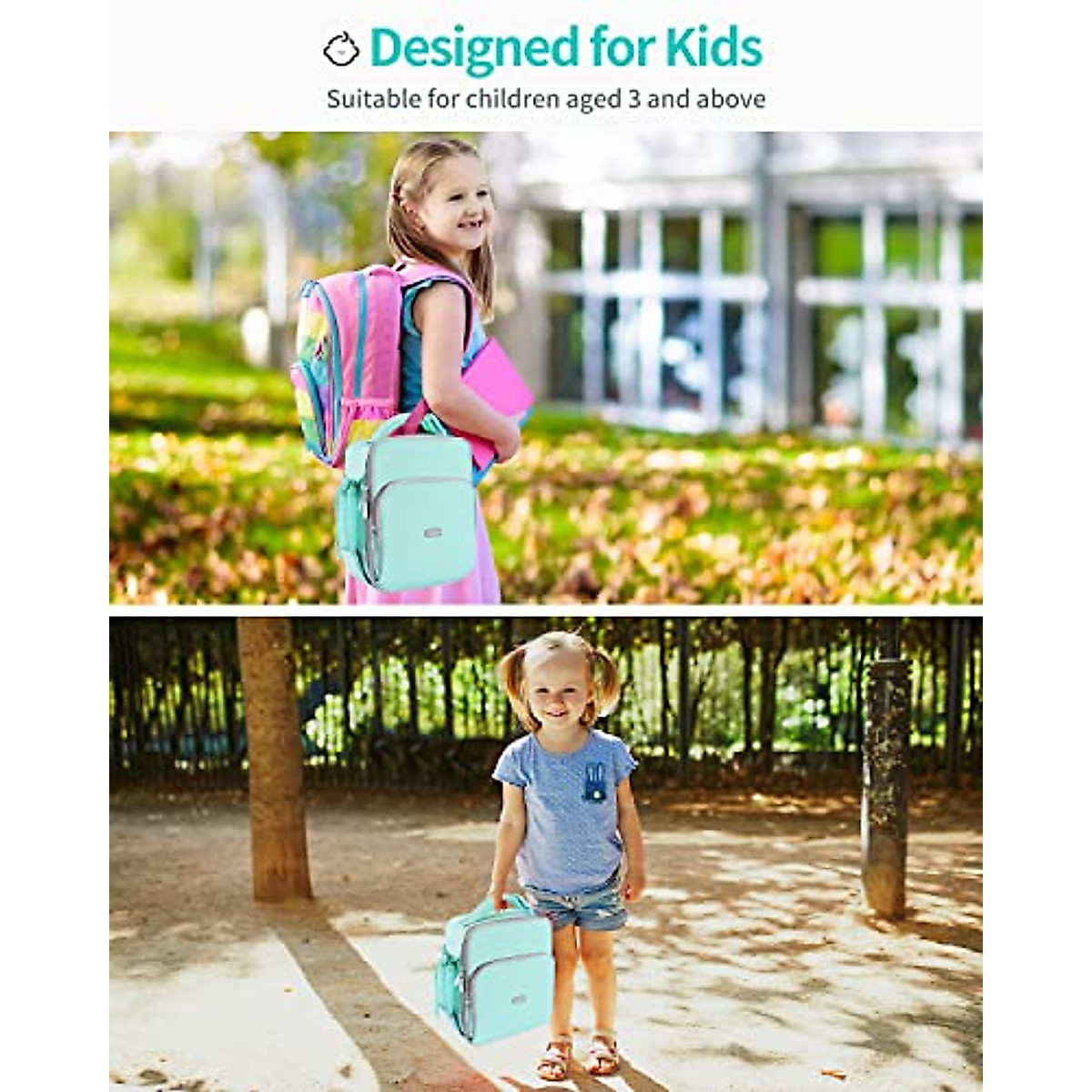 Amersun Kids Lunch Box with 8MM Insulated sponge & Multi-pocket & Water Bottle Holder, Keep Food Warm Cold School Lunch Bag for Kids Teen Girls Boys,Lunch Tote Bag for Children,Light Blue New