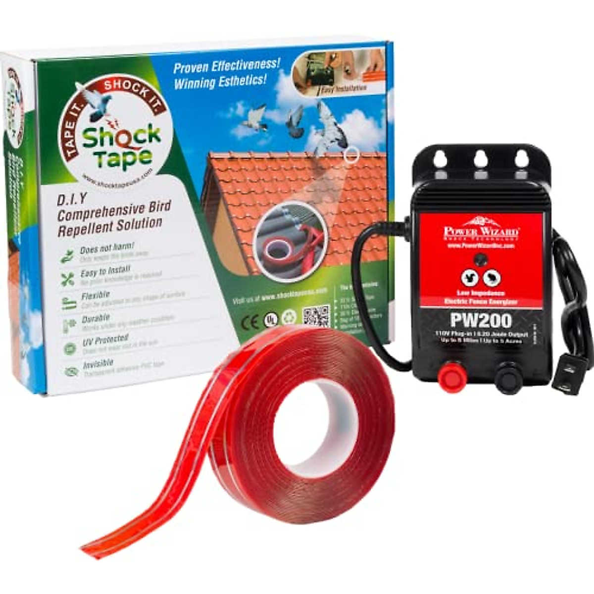 Shock Tape kit for Pigeon & Bird Control - Bird Trainer Solution for Keeping Birds Away from Rooftops, Patios, Windowsills Fences - Durable Shock Tape & Electronic Charger Kit- Spikes Alternative.
