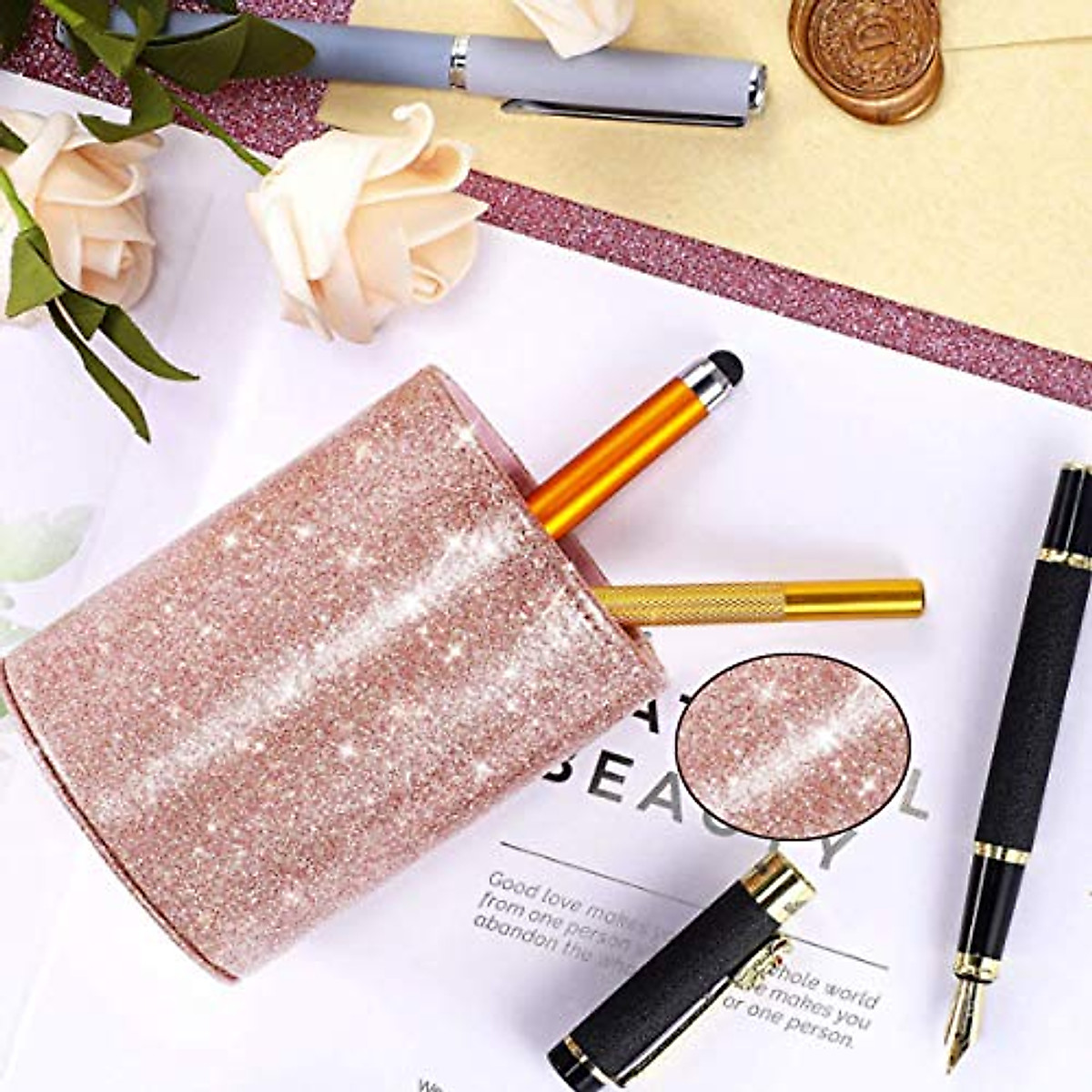 Glitter Pen Holder, Pencil Cup Desk for Women Girls Makeup Brush Organizer Holder Large Pu Leather Cup Office Supplies Desk Decor Accessories, Gift, Classroom, Home(Rose Gold)