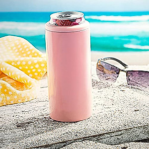 WinCheer 12 Oz Can Cooler with Reusable Straw, Double-walled Vacuum Stainless Steel Slim Can Holder for Beer Soda Beverage Energy Drinks Skinny Cans Sleeve (Pink)