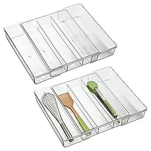 mDesign Adjustable, Expandable Plastic In-Drawer Utensil Organizer Tray Deep 3 Section Divided for Kitchen; Holds Cutlery, Flatware, Silverware, Cooking Utensils, Ligne Collection- 2 Pack - Clear