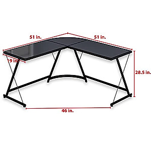 SHW Gaming Desk Computer L-Shape Corner Studio Table, Black, Glass Top