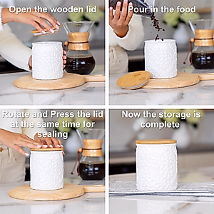 Engraved Ceramic Kitchen Canister - Storage Jars with Airtight Lids Made from Bamboo with Nature-Inspired Engraving - Use as a Pasta Holder, Coffee Ground Holder, Rice Container, Candy Jar - 30 Ounces
