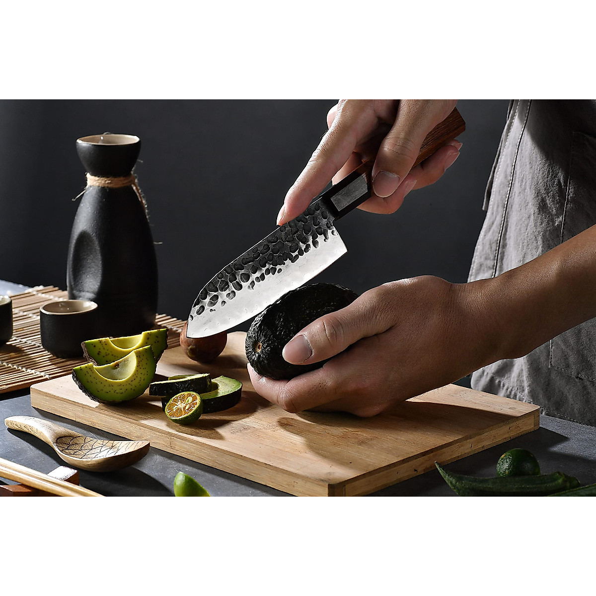 GRAND SHARP 5 inch Japanese Santoku Chef Knife, AUS10 3-layer High Carbon Stainless Steel Kitchen Cooking Knife, Professional Hand Forged Chef's Knives (Rosewood Handle & Gift Box& Sheath)