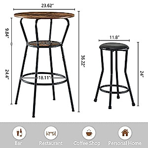 Hoctieon Round Bar Table with 2 Stools, Bar Table and Chairs Set, 2-Tier Pub Table and Chairs Set of 2, Bistro Table and Chairs Set of 2 for Small Space, Living Room, Easy Assembly, Rustic Brown