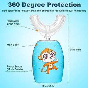 Sunartec Kids Musical U Shaped Toothbrush, Ultrasonic Electric Toothbrushes for Kids 2 Brushing Modes and 1 Gums Care 360° Sonic Toothbrushes for Child 4 Brushheads (Purple and Blue Random)