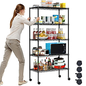 WYGMAV 5-Tier Wire Shelving Unit Adjustable Metal Storage Shelving Commercial Storage Shelves with Wheels Heavy-Duty Metal Storage Rack for Pantry, Restaurant, Garage, Kitchen, Black