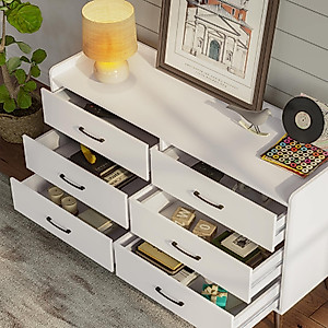 Rolanstar Drawer Dresser Quick Install, 6 Wooden Drawers Storage Dresser with Set of 4 Foldable Drawer Dividers, Modern Chest of Drawer with Anti-Tipping Device, Bedroom, Living Room, White