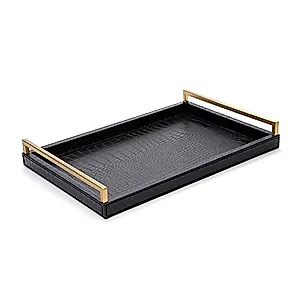WV Serving Tray Faux Black Crocodile Leather with Brushed Gold Stainless Steel Handle (Black and Gold)