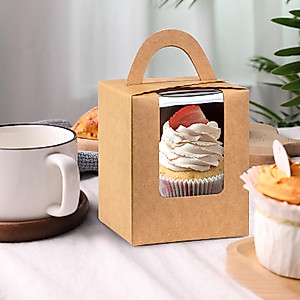 VGOODALL Kraft Cupcake Boxes,50pcs Single Cupcake Carrier with Window Insert and Handle Kraft Pastry Containers Muffins Cupcake Carriers for Bakery Wrapping Party Favor Packing