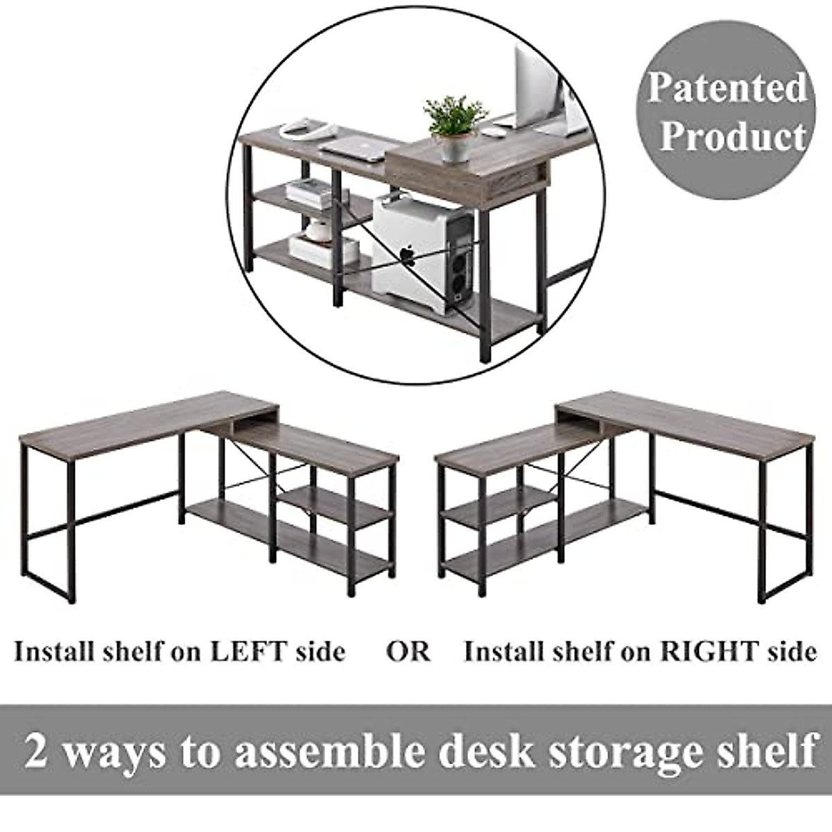 BON AUGURE Industrial L Shaped Computer Desk with Shelves, Rustic Wood Home Office Desks, Reversible Corner Desk with Storage (59 Inch, Dark Grey Oak)