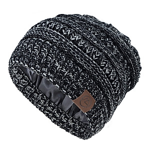 Zando Womens Beanie Hats for Women Men Satin Lined Beanie for Women Warm Winter Hats for Women Unisex Slouchy Beanies for Women knit Beanie Thick Womens Beanies for Winter Black & Grey Beanie Hat