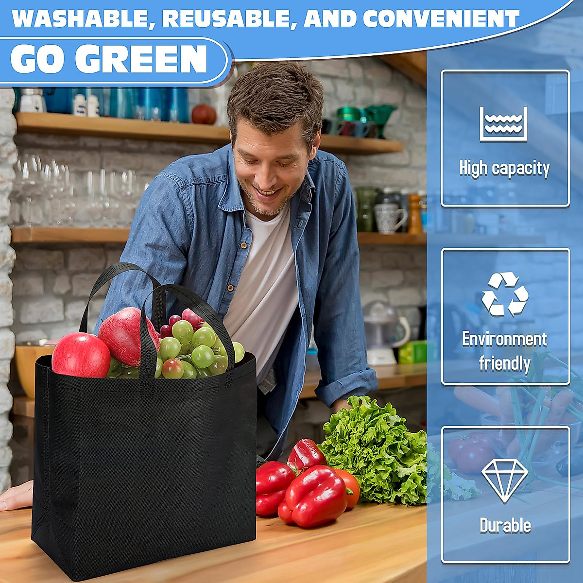 Windyun 200 Pcs Reusable Grocery Bags 12.6 x 11.8 x 6.3 Inches Large Non Woven Shopping Bags Foldable Portable Tote Bags Bulk (Black)