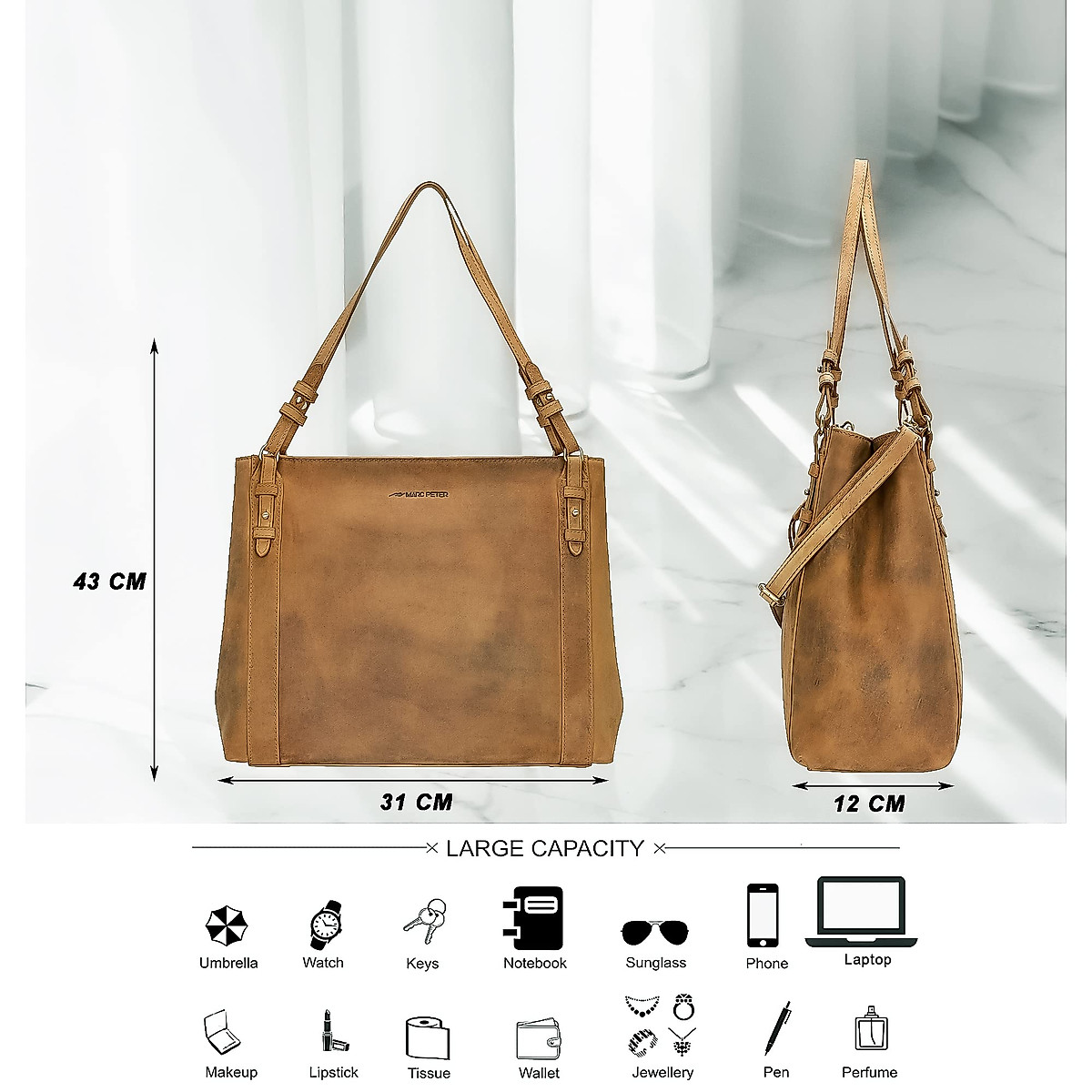 MARC PETER Hana Tan Hunter Leather Hobo Bag for Women | Top Handle Satchel | Women Fashion Shoulder Bag