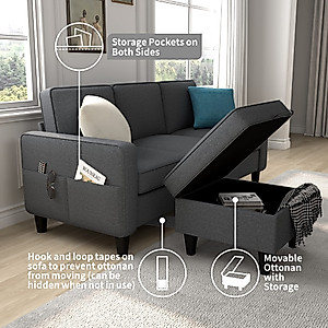 Yattem Convertible Sectional Sofa Couch, 3Seat L-Shaped Sectional Sofa Couch,Dark Gray Linen Sofa Furniture Sets with Reversible Storage Ottoman & Storage Pockets for Living Room Apartment Small Space
