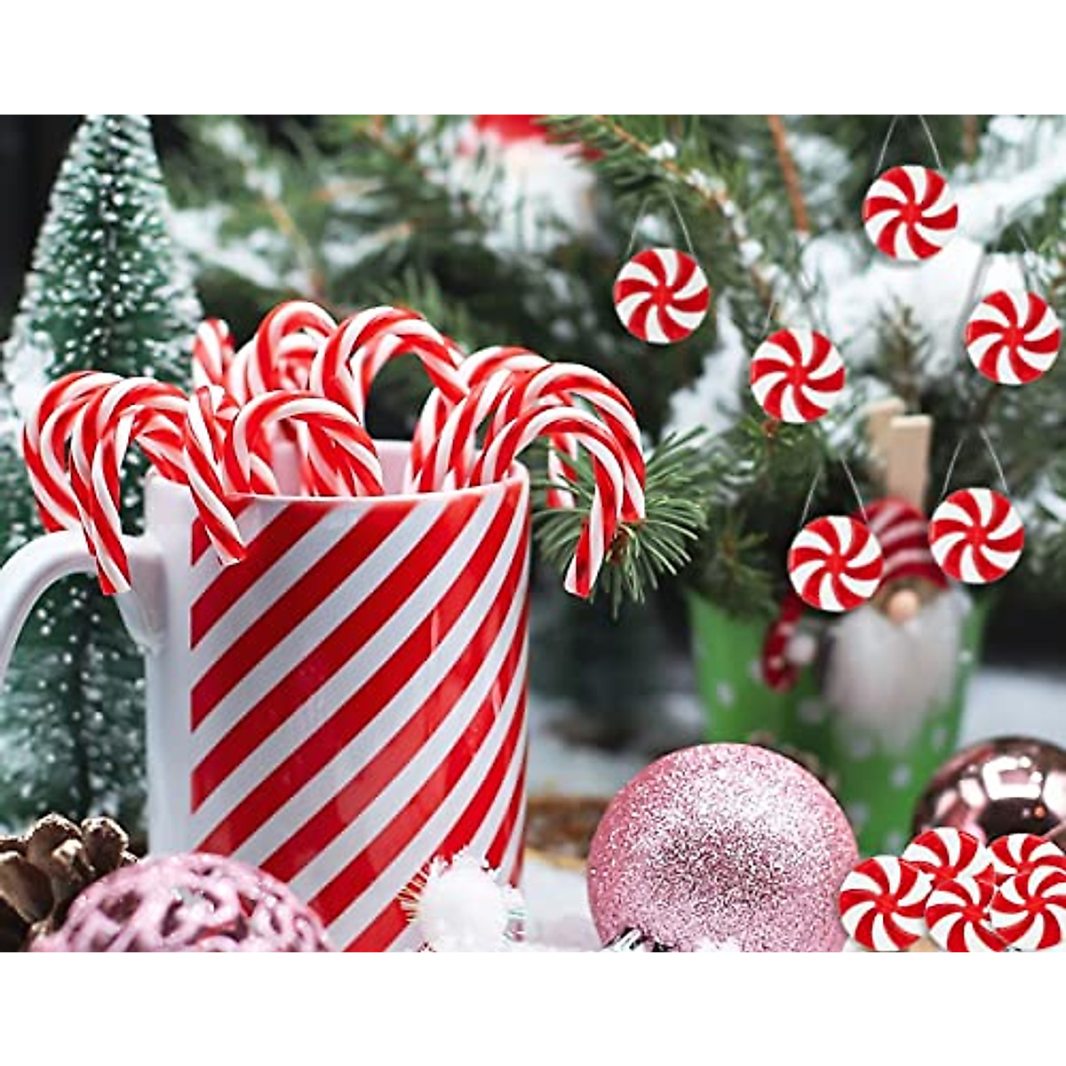 60Pcs Candy Canes Christmas Tree Decorations-Plastic Peppermint Candy Cane Ornaments for Christmas Tree Decor Candy Lollipop Craft Christmas Party Supplies
