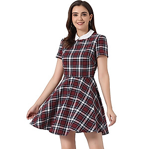 Allegra K Women Plaids Contrast Peter Pan Collar Puff Sleeves Above Knee Dress Medium Red White