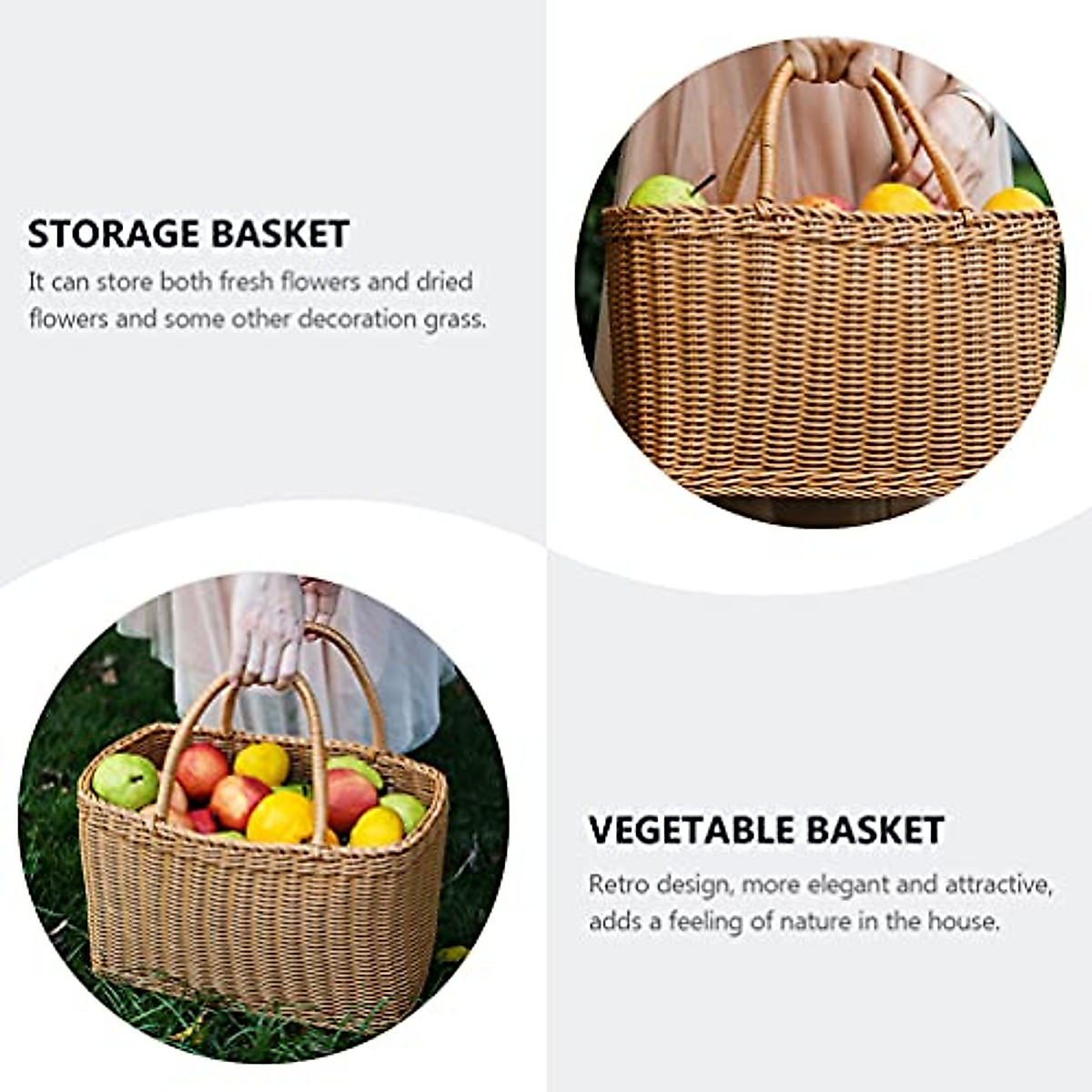 SEWACC Woven Basket with Handle Rattan Tote Basket Household Storage Basket Grocery Shopping Basket Bathroom Dirty Clothes Basket Flower Packing Basket
