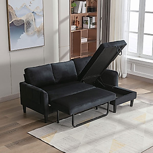 Akrenar Reversible Sectional Sofa with Storage, Modern Velvet Fabric Sleeper Sofa L-Shaped Couch, Sectional Couches for Living Room, Bedroom, Apartment,Office(Black)