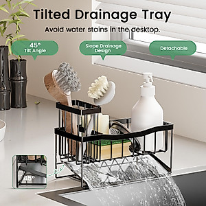 CasaCulina Sponge Holder for Kitchen Sink, Sink Caddy with Detachable Brush Holder and Stainless Steel Self Drain Tray, Rustproof Sink Organizer for Countertop Dish Soap Dispenser Brush Storage