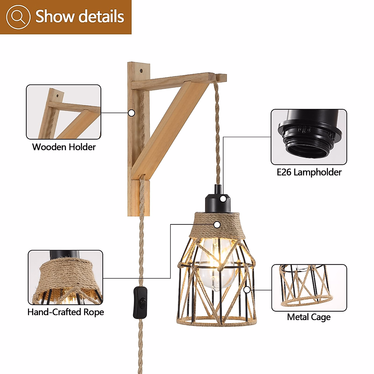 MUEOF Industrial Plug in Wall Sconce Set of 2, with 8.2ft Hemp Rope Cord, On/Off Switch,Farmhouse Wall Light with Metal Shade and Wood Bracket for Bedroom Living Room.