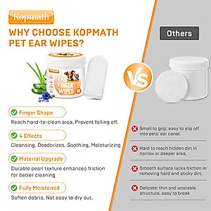 Kopmath Ear Cleaner Finger Wipes for Dogs & Cats, Gently Clean Earwax & Dirt, Soothe Ear Itching, Easy to Use, Natural Pet Ear Wipe for Dog, Unscented, 100 Disposable Count