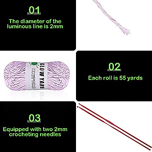 5 Rolls Glow in The Dark Yarn DIY Glow Yarn Craft Yarn Sewing Supplies Glow in The Dark Party Supplies with 2 Pcs Crochet Hooks for Art Crocheting Sewing Beginners, 55 Yards Per Roll (Purple)
