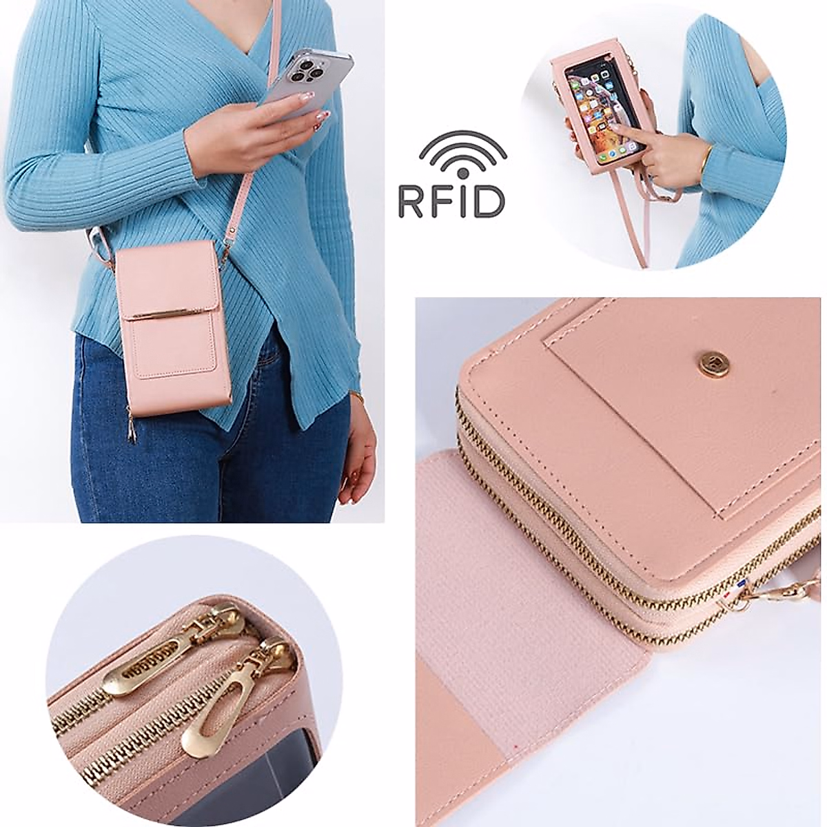 Anti-Theft Leather Bag,Small Crossbody Cell Phone Purse Wallet for Women,Touchscreen Phone Purse Crossbody with Shoulder Strap,RFID Blocking Messenger Shoulder Handbag with Credit Card Slots