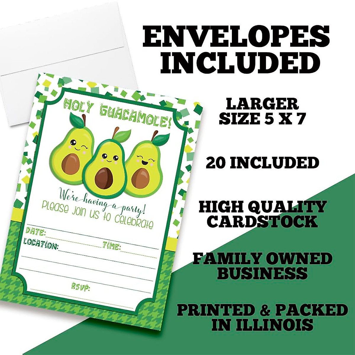 Trio of Avocados Holy Guacamole Fiesta Themed Birthday Party Invitations, 20 5x7 Fill In Cards with Twenty White Envelopes by AmandaCreation