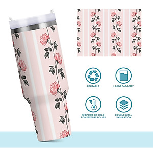 Adornlife Pink Striped Rose 30 oz Tumbler with Handle and Straw Lid, 100% Leak-proof Travel Coffee Mug, Stainless Steel Insulated Cup For Beverages, Cupholder Friendly