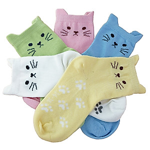 T.H.L.S Youth Girls Cotton Novelty Cats Crew Seamless Socks - Shoe Size 2-5(8-12 Years)