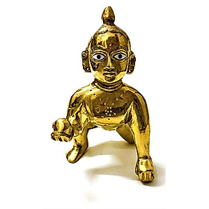 Brass Krishna Laddu Gopal Kanha Makhan Chor Statue Idol Murti Sculpture Ji Idol size no. 3 with Set of Mukut, Mala, Bansuri, Kangan, Hair and ear rings, 1 Dress Velvet(3 No.)