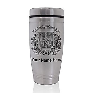 SkunkWerkz Commuter Travel Mug, Coat of Arms Dominican Republic, Personalized Engraving Included