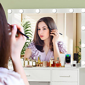 usikey Makeup Vanity with 12 Lights, Vanity Desk with Power Outlet, Makeup Vanity Table with 5 Drawers, Large Mirror, Dressing Vanity Table with Stool for Bedroom, Bathroom, White