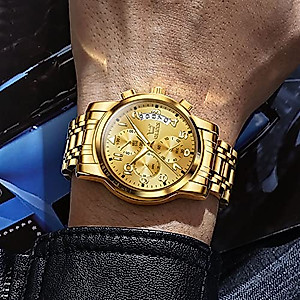 Gold Watch for Men Arabic Number Large Face Quartz Wrist Watches Stainless Steel Luxury Mens Water Resistant Luminous Chronograph Watch Calendar Display Classic Round Men's Cuff Watches Easy Read