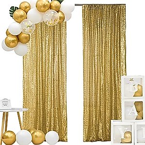 Hahuho Gold Sequin Backdrop Curtain, 2PCS 2FTx8FT Glitter Backdrop Curtain for Parties, Christmas, Wedding, Party Decoration（2 Panels, 2FT x 8FT, Gold