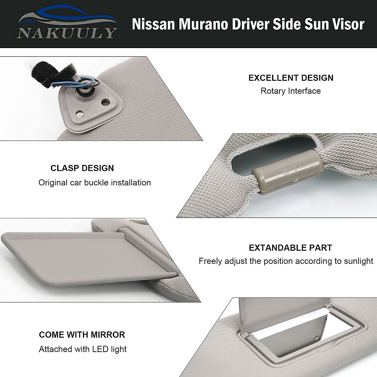 Nakuuly Left Driver Side Sun Visor with Light Compatible with 2009 2010 2011 2012 2013 2014 Nissan Murano Gray Sunvisor Replaces # 96401-1AA1B