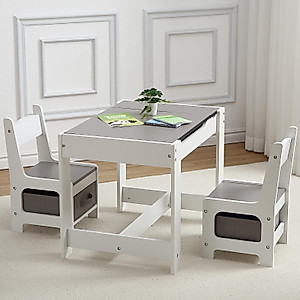 Kids Table and Chair Set, 3 in 1 Children Activity Table w/Storage, Removable Tabletop, Blackboard, 3-Piece Toddler Furniture Set for Art, Crafts, Drawing, Reading, Playroom (Grey)