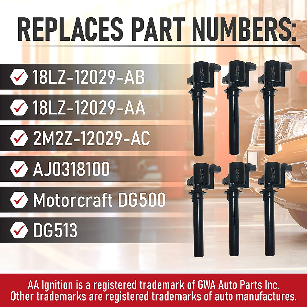 Ignition Coil Pack Set of 6 - Compatible with Ford, Mazda, Mercury 3.0L V6 Models - Replaces 18LZ-12029-AB, 18LZ-12029-AA, 2M2Z-12029-AC, DG500, DG513 - Fits 01, 02, 2003, 2004, 2005 Escape, Taurus