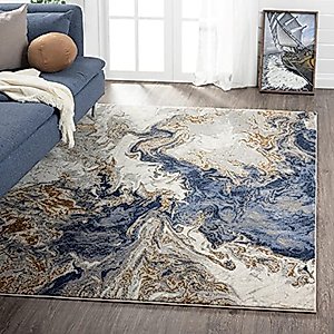 LUXE WEAVERS Marble Collection Blue Area Rug 2x7 Modern Abstract Swirl Design Non-Shedding Carpet