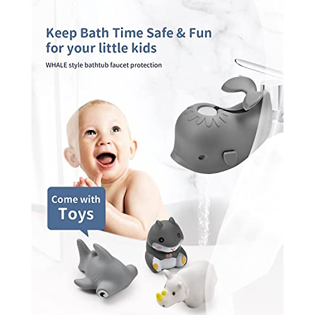 Mandoo Faucet Cover Bathtub Baby, Bath Spout Cover for Baby, Bath Faucet Cover for Kids, Tub Spout Cover Bathtub Faucet Cover Kids Safety, Protection Baby Universal Bath Silicone Toys Whale Grey