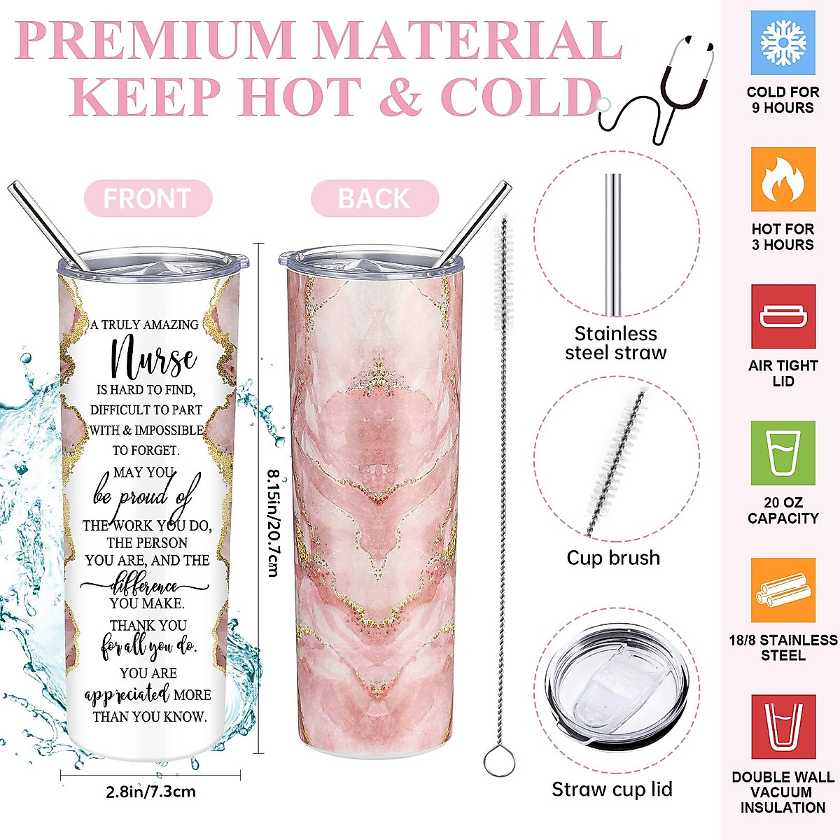 Domensi 6 Pcs Nurse Week Appreciation Gifts for Women Medical Nursing Assistant 20 oz Marble Sign Tumbler Makeup Bag Notepad with Ballpoint Pen for Graduation Nursing Student(Pink)