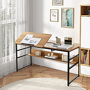 Tangkula 55-Inch Computer Desk, Drafting Table with Tiltable Desktop for Drawing Writing Reading Studying, Multifunctional Art Desk Craft Workstation with CPU Stand & Storage Shelf for Home Office