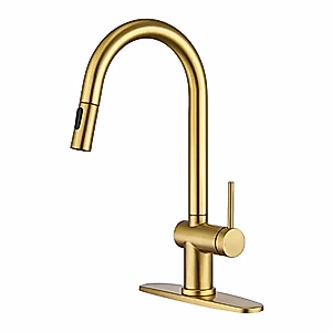 YardMonet Brushed Gold Kitchen Faucet with Pull Down Sprayer, Modern Gold Kitchen Sink Faucet Single Hole with 10" Deck Plate, Single Handle Pull Out Kitchen Faucets for Sink