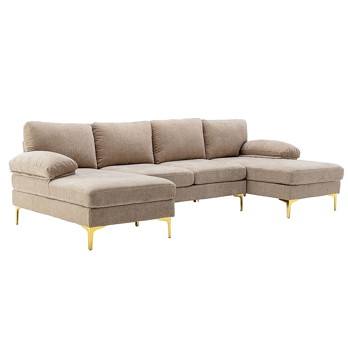 U Shaped Sectional Sofa with Double Extra Wide Chaise Lounge, 110.63" Soft Velvet Upholstery Couches with Solid Wood Frame, Detachable Cover & Armrest and Golden Color Metal Feet, Easy to Install